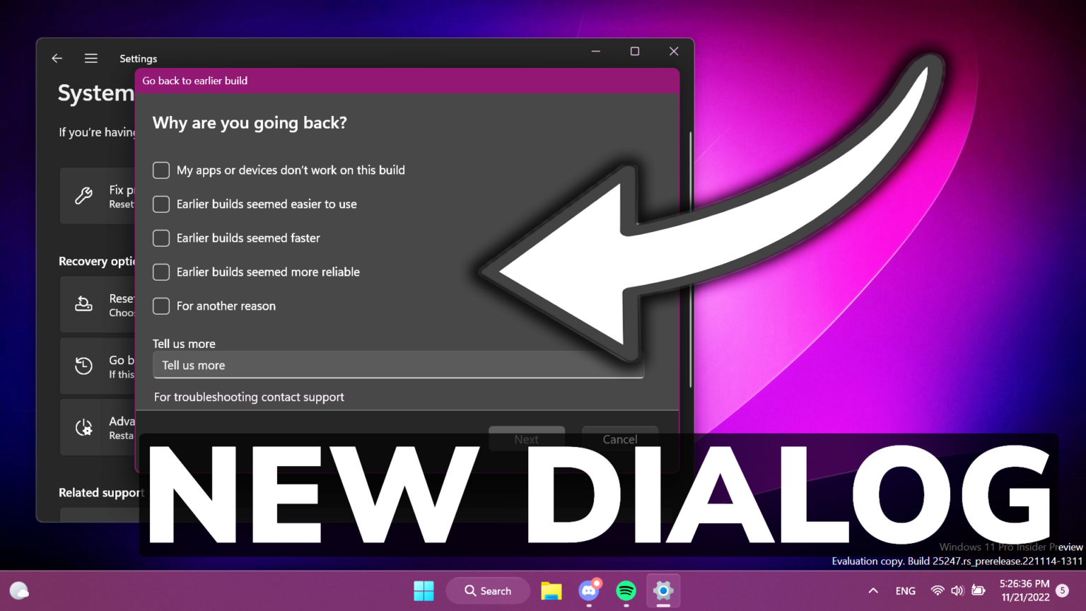 New Dialog UI for Going Back to Earlier Build in Windows 11 25247 (How to Enable) - Tech Based