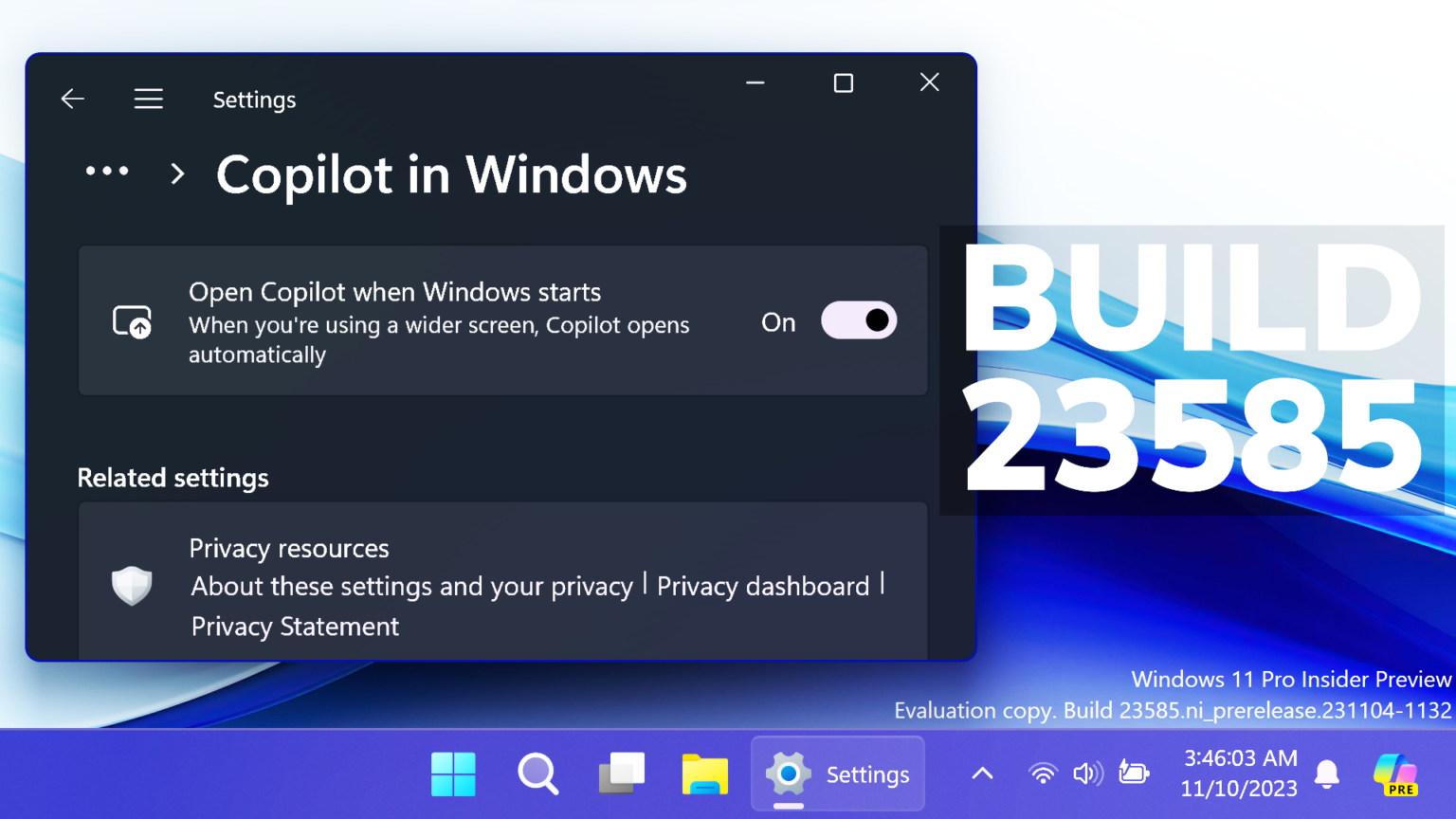 New Windows 11 Build 23585 – New Copilot AI Icon Location, New Settings ...