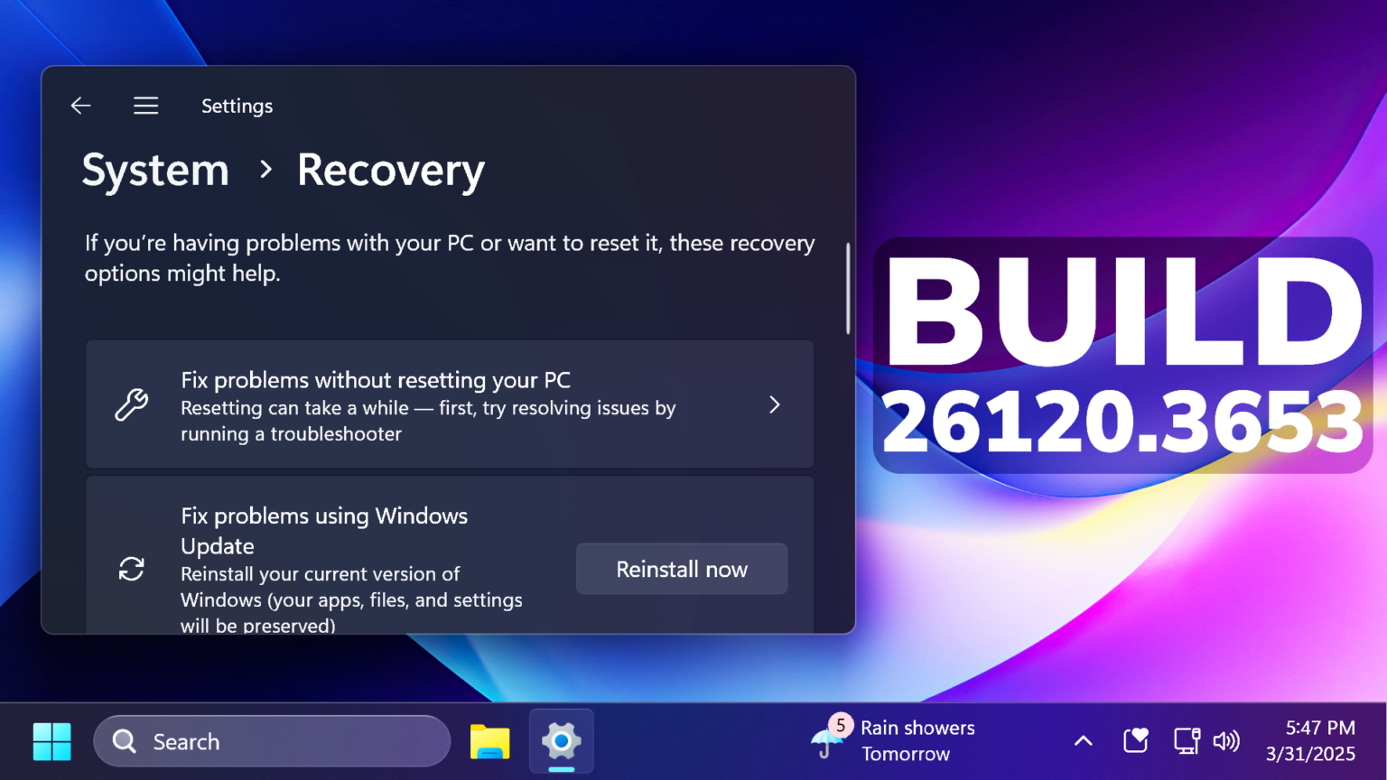 New Windows 11 Build 26120.3653 – New Quick Machine Recovery and more Features (Beta) - Tech Based