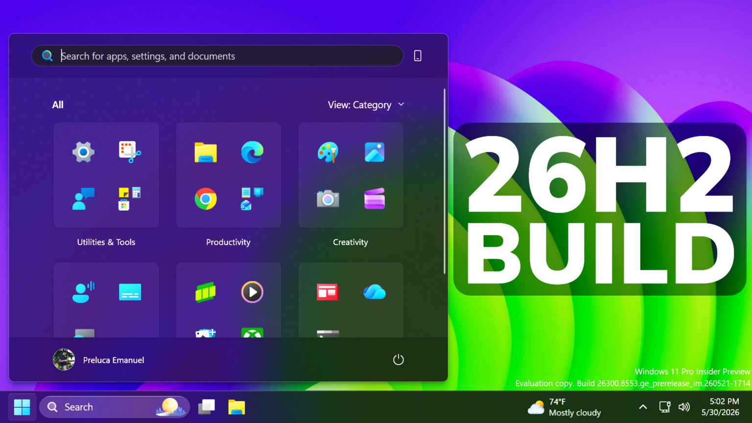 New Windows 11 26H2 Build 26300.8553 – New Start Menu is HERE, Taskbar ...