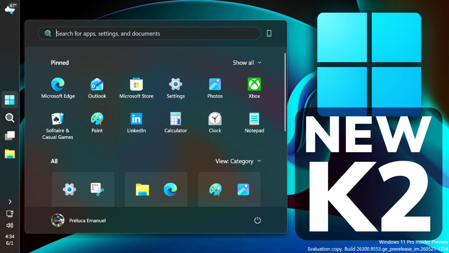 New Windows K2 June 2026 Features – New Taskbar, New Start Menu, New ...